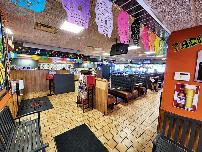 Step inside and the fiesta continues with colorful papel picado hanging from the ceiling. The sugar skull decorations aren't just for Día de los Muertos—they're a year-round celebration of culture.