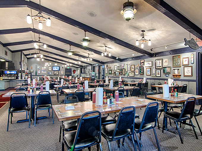 Where fishing memorabilia meets comfort—Brown's dining room strikes that perfect balance between "come as you are" and "stay as long as you want."