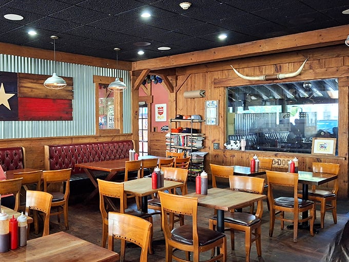 Texas pride meets Connecticut charm in this wood-paneled sanctuary. The longhorn on the wall isn't just decoration—it's keeping score of your meat consumption.