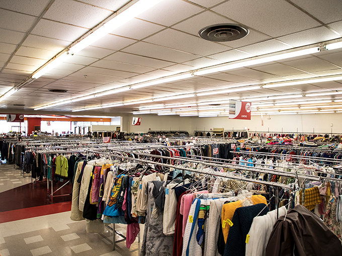Adelante Thrift's bold red signage stands out like a beacon for bargain hunters. Inside awaits a fiesta of secondhand finds!