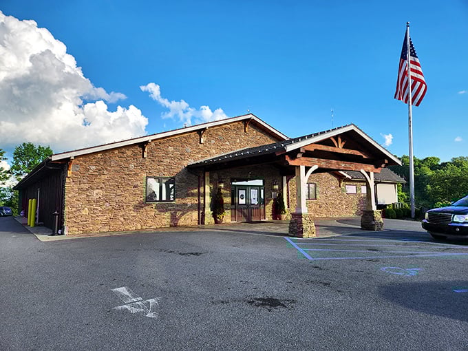 The Wonder Bar's rustic stone exterior stands like a temple to great steaks, complete with an American flag saluting your good taste.