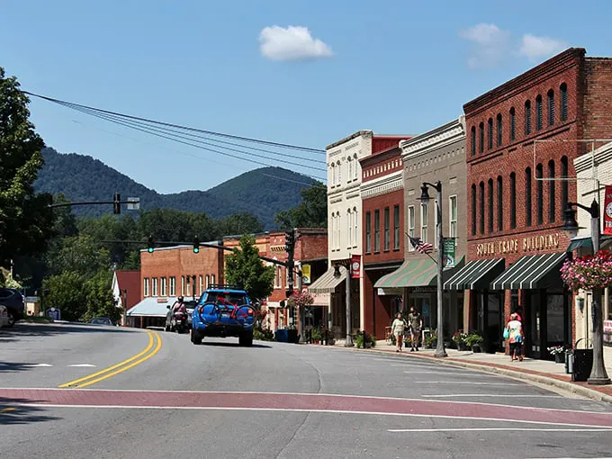 Tryon's picturesque main street nestled against the Blue Ridge Mountains. Where your Social Security check stretches further against a backdrop worthy of a postcard.