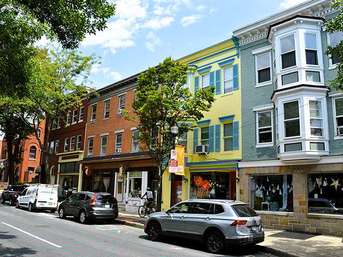 Colorful storefronts line Frederick's historic district – proof that small-town charm and budget-friendly living can coexist beautifully.