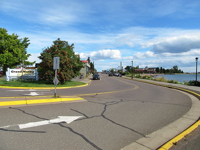 The entrance to Grand Marais curves gently along the shoreline, where the lake and sky compete for which blue is more spectacular.