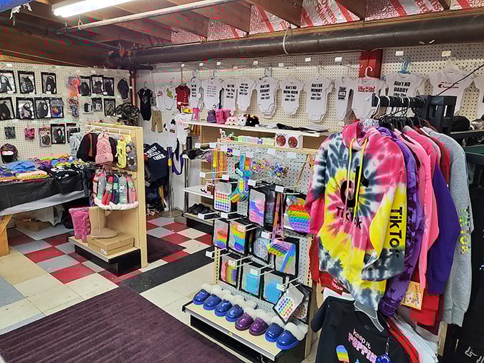 Colorful t-shirts and everyday essentials line the walls - a rainbow of retail therapy waiting to brighten your wardrobe.