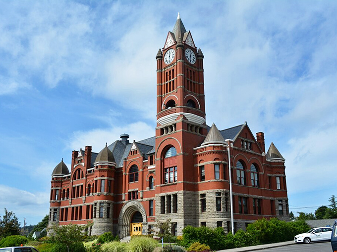 The Jefferson County Courthouse stands like a brick-and-mortar exclamation point, its clock tower keeping watch over Port Townsend since the days when optimism was the town's main industry.