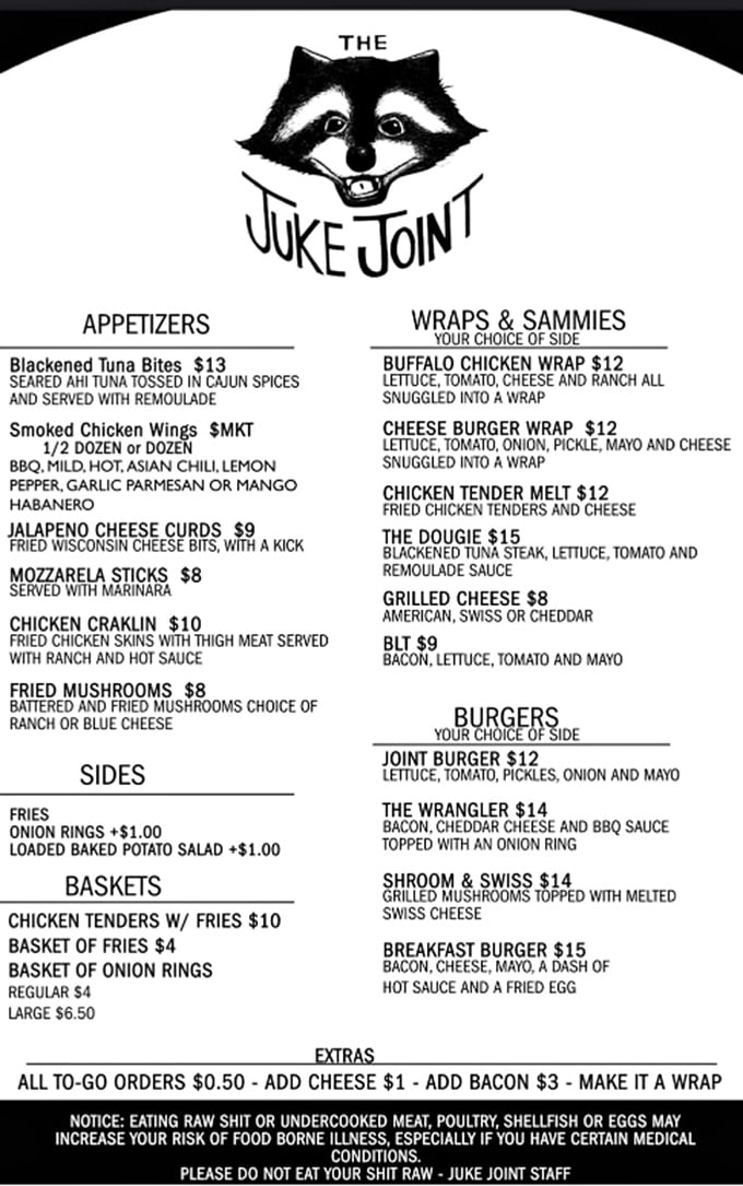 That menu warning at the bottom? Classic Juke Joint humor that sets the tone for an experience that's anything but ordinary.