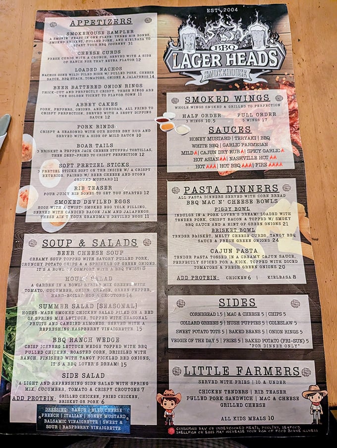 A menu that reads like poetry for carnivores. Each description promises a journey into smoke-kissed nirvana.
