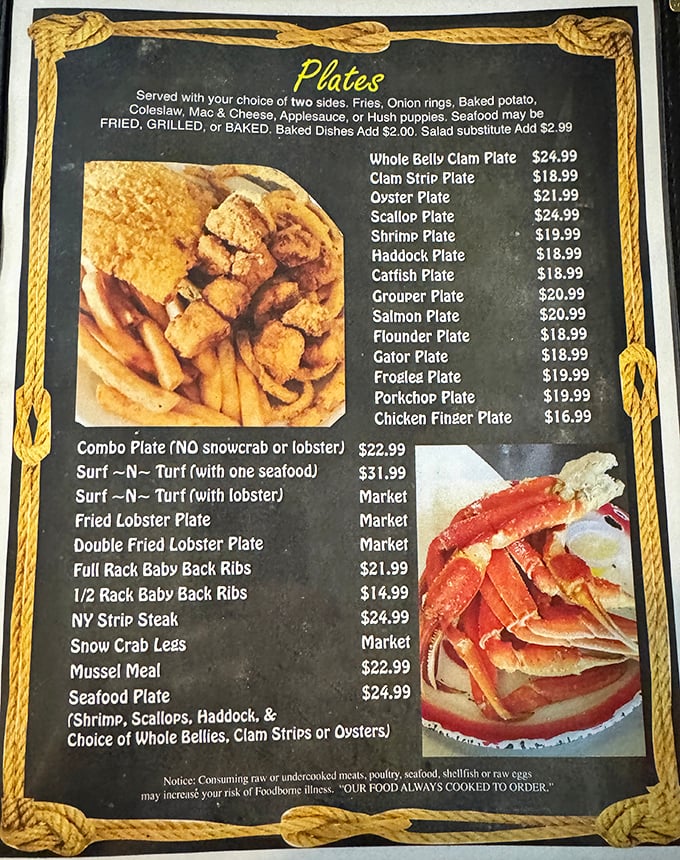 This menu isn't just a list of options—it's a maritime treasure map. X marks the spot: Whole Belly Clam Plate.