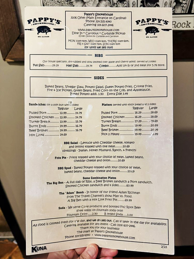 The menu tells the whole story: ribs are the headliner, but don't sleep on those sides. When they say "we do sell out," believe them.