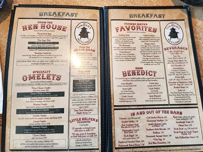 This menu isn't just reading material—it's a roadmap to happiness with sections like "From the Hen House" that promise clucking good breakfast options.