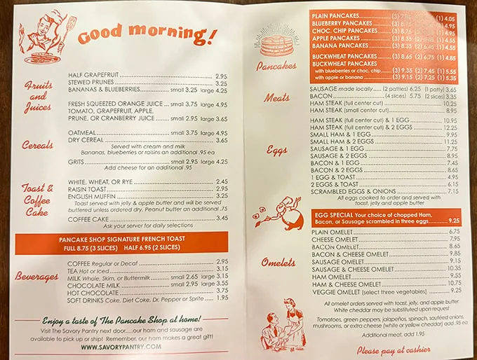 This menu isn't just a list of breakfast options—it's a roadmap to morning happiness, with pancakes playing the starring role in this delicious drama.
