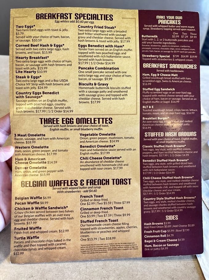 This menu isn't just reading material—it's a roadmap to happiness. The "Stuffed Hash Browns" section deserves its own zip code.