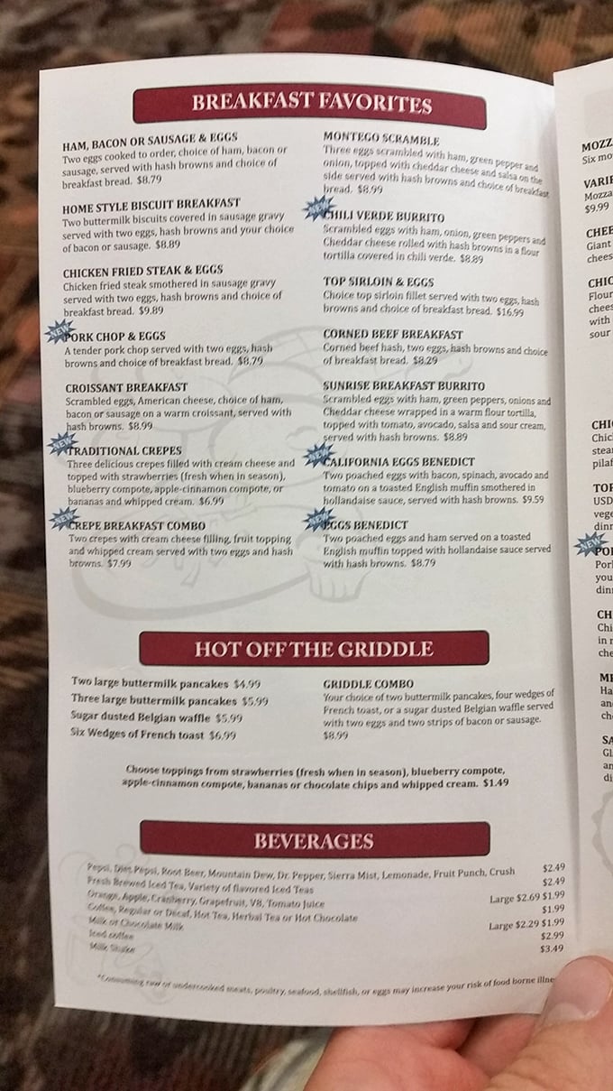 This menu isn't trying to impress you with fancy words—it's impressing you with promises of chicken fried steak and buttermilk biscuits instead.