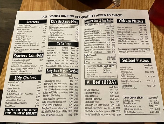The menu at Big Ed's reads like a love letter to carnivores. "Home of the Best Ribs in New Jersey" isn't just a slogan—it's a gauntlet thrown.