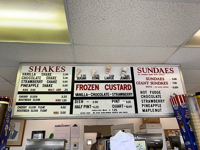 The menu board—a masterpiece of simplicity. Three flavors, infinite happiness. No need for fancy toppings when the foundation is this good.