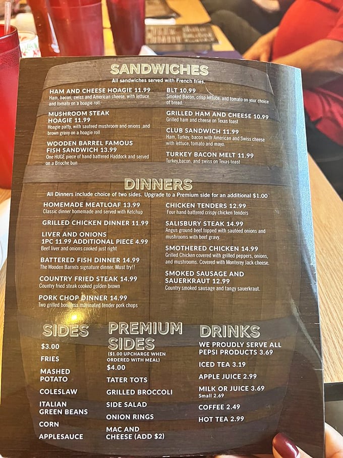 This isn't a menu—it's a roadmap to happiness. Each wooden-bordered section offers a different path to comfort food nirvana.