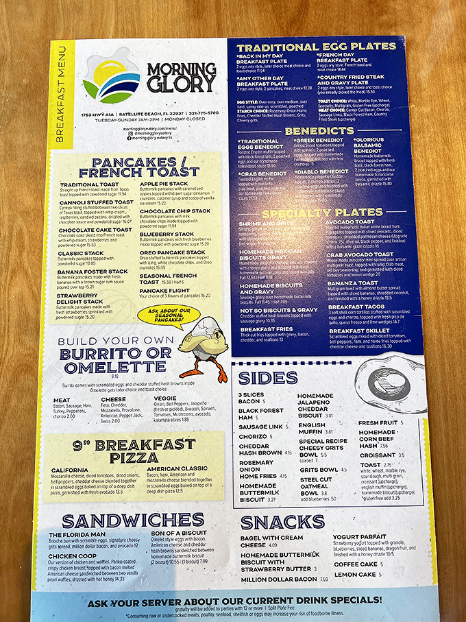 This menu isn't just a list—it's a treasure map. Each section promises breakfast adventures from classic pancake stacks to Benedict journeys worth setting your alarm for.