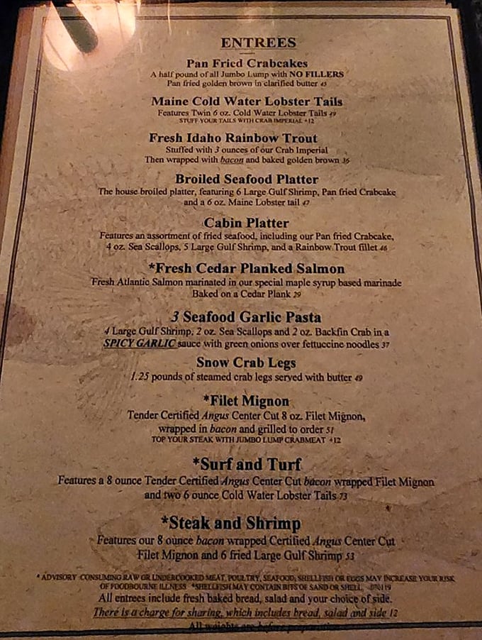 This isn't just a menu—it's a maritime treasure map where X marks the spot for Maine lobster tails and jumbo lump crabcakes with zero fillers.