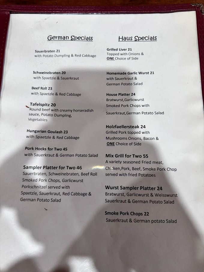 A menu that reads like a love letter to German cuisine. No fusion confusion here—just straightforward classics that have stood the test of time.