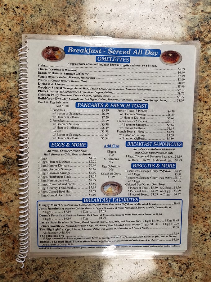 The spiral-bound menu tells you everything you need to know—breakfast served all day is never a bad idea, especially when country fried steak is involved.