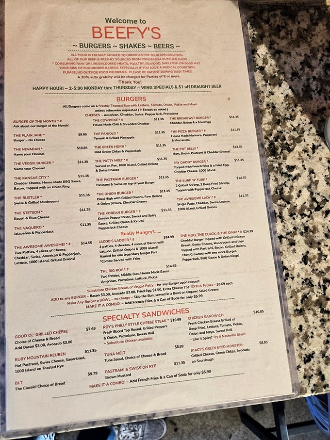 A menu of possibilities! Each burger creation at Beefy's tells a different story, from the classic "Rustler" to the epic "Jacob's Ladder."