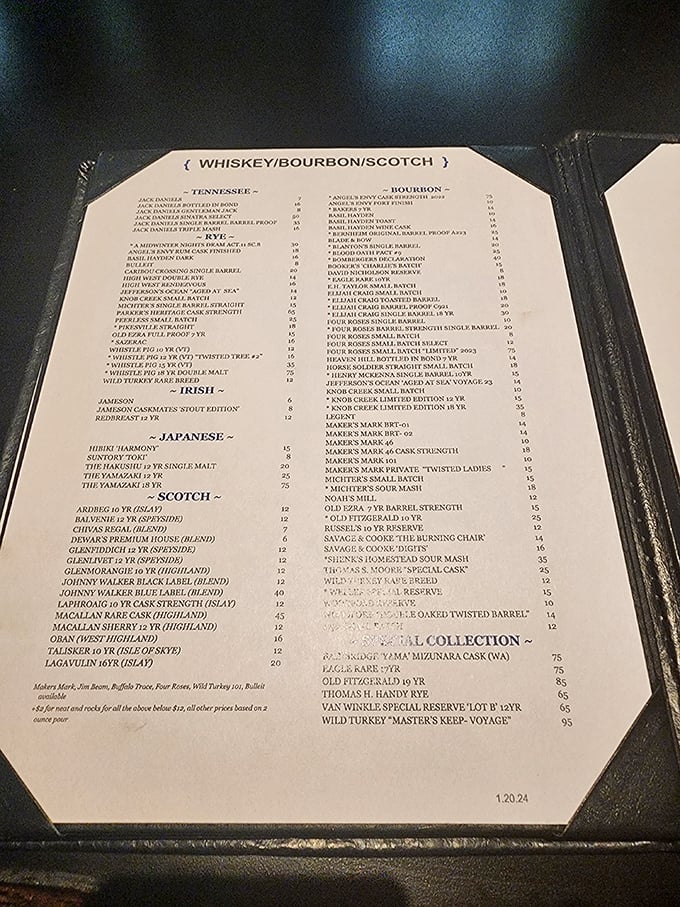 The whiskey menu reads like a passport to distillery heaven, spanning from Tennessee treasures to Japanese jewels—liquid geography for thirsty explorers.