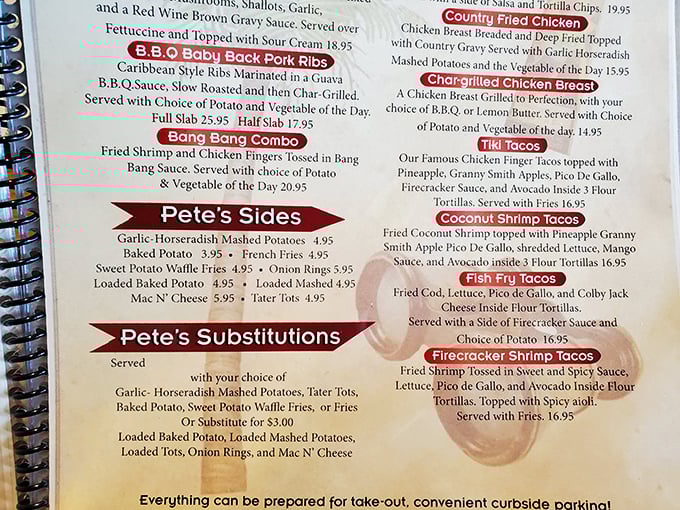 The menu at Pilot Pete's reads like a passport to flavor country, with Caribbean ribs and Bang Bang combos ready for takeoff.