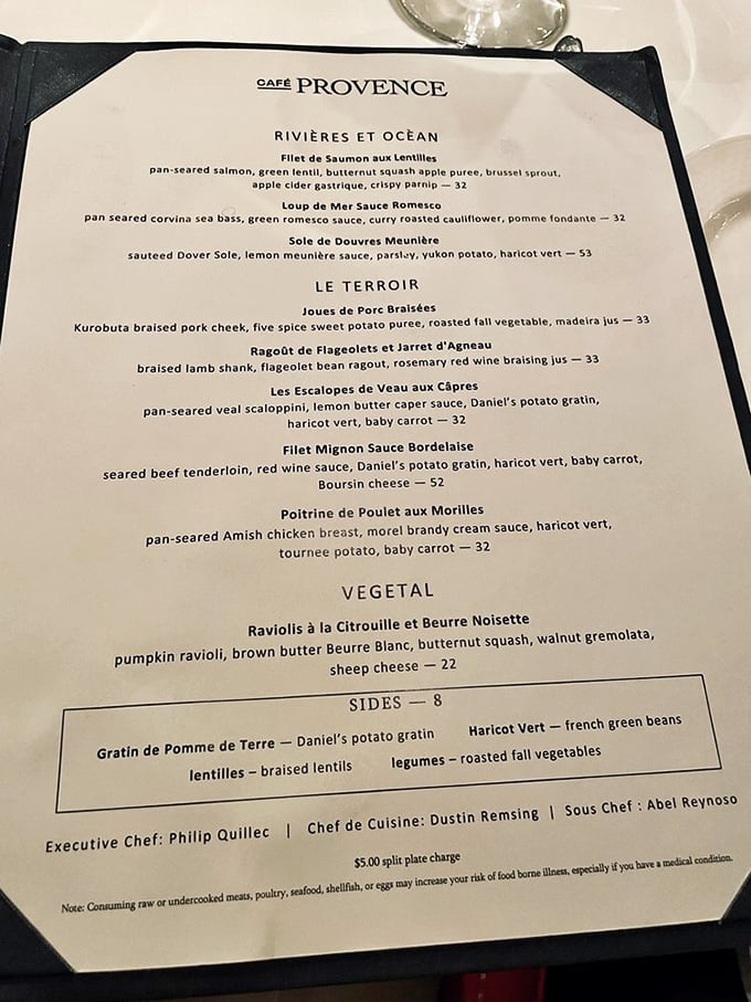 The menu reads like a love letter to French gastronomy—each dish a carefully composed symphony of flavors that would make Julia Child swoon.
