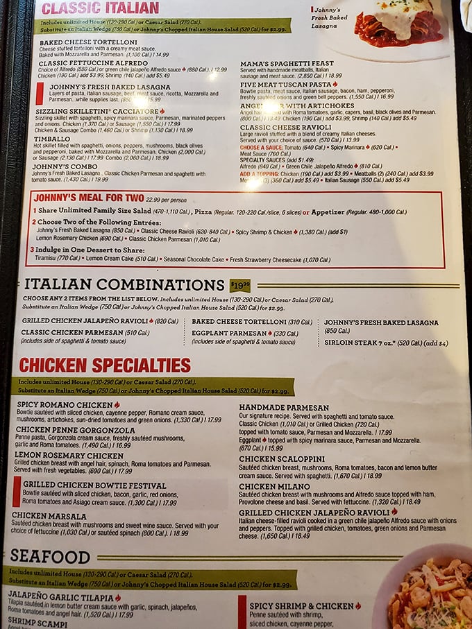 The menu reads like a love letter to carbohydrates. Choosing between Mama's Spaghetti Feast and Five Meat Tuscan Pasta is life's sweetest dilemma.