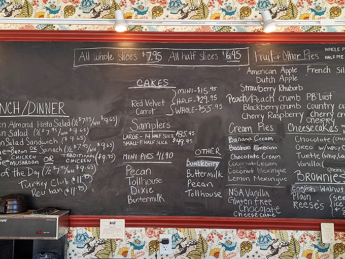 This chalkboard menu isn't just a list—it's a roadmap to dessert nirvana with dozens of homemade pie varieties awaiting your decision.