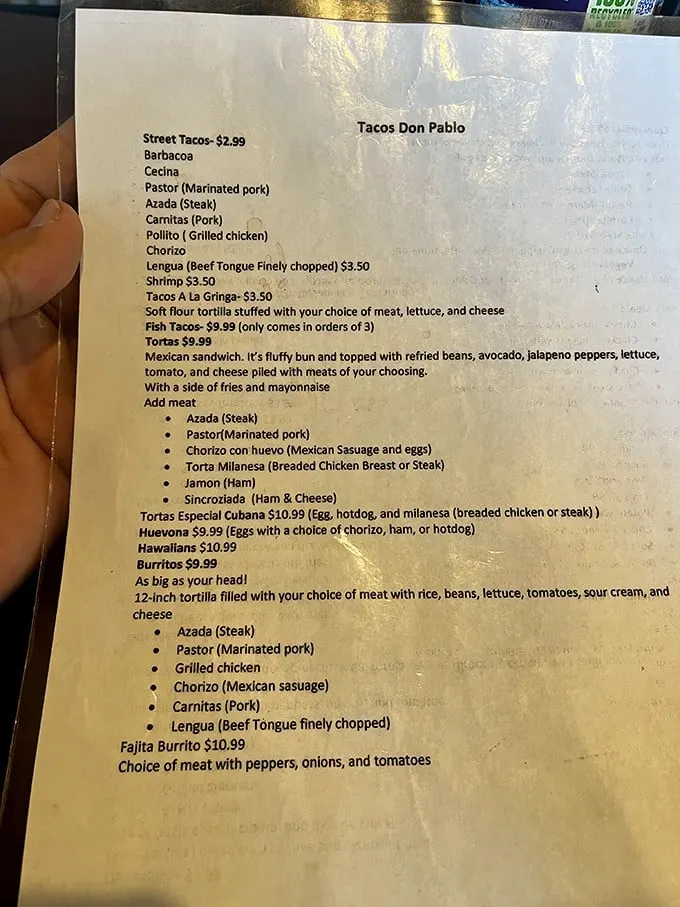 This menu reads like a love letter to authentic Mexican street food. No fusion confusion here—just straightforward deliciousness at prices that won't break the bank.