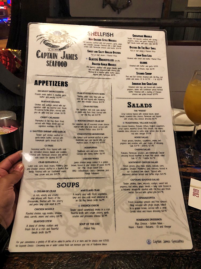 A menu that reads like a love letter to the Chesapeake Bay. The hardest decision you'll make today is choosing just one seafood treasure.