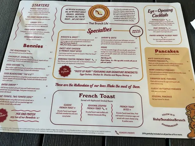 This menu isn't just breakfast—it's a morning manifesto with benedicts, pancakes, and cocktails that make hitting the snooze button your biggest regret.