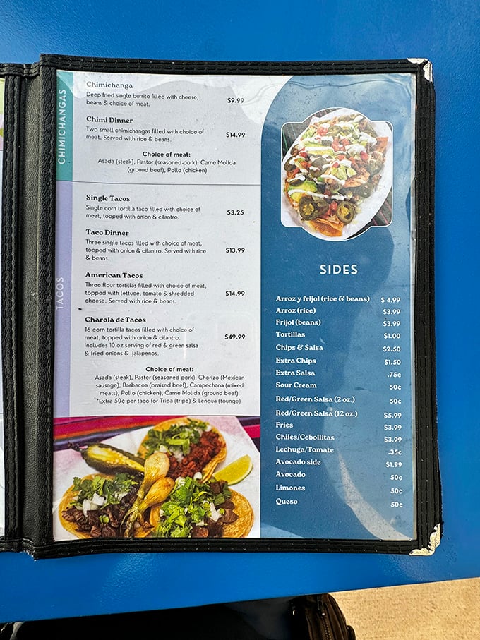 A menu that doesn't need fancy font tricks or flowery descriptions—just honest food at honest prices. The chimichanga is calling my name!