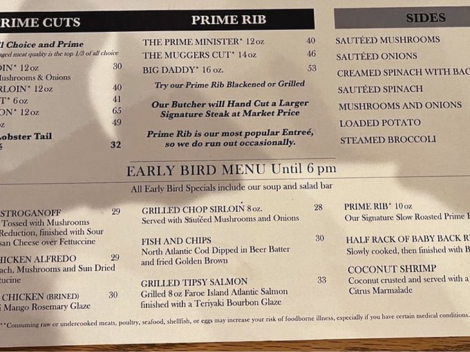 A menu that doesn't need fancy fonts or flowery descriptions—just the straightforward promise of "Prime Rib is our most popular Entrée." Truth in advertising lives!