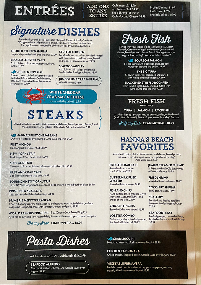 A menu that reads like a love letter to both land and sea. The prime rib section deserves its own spotlight.