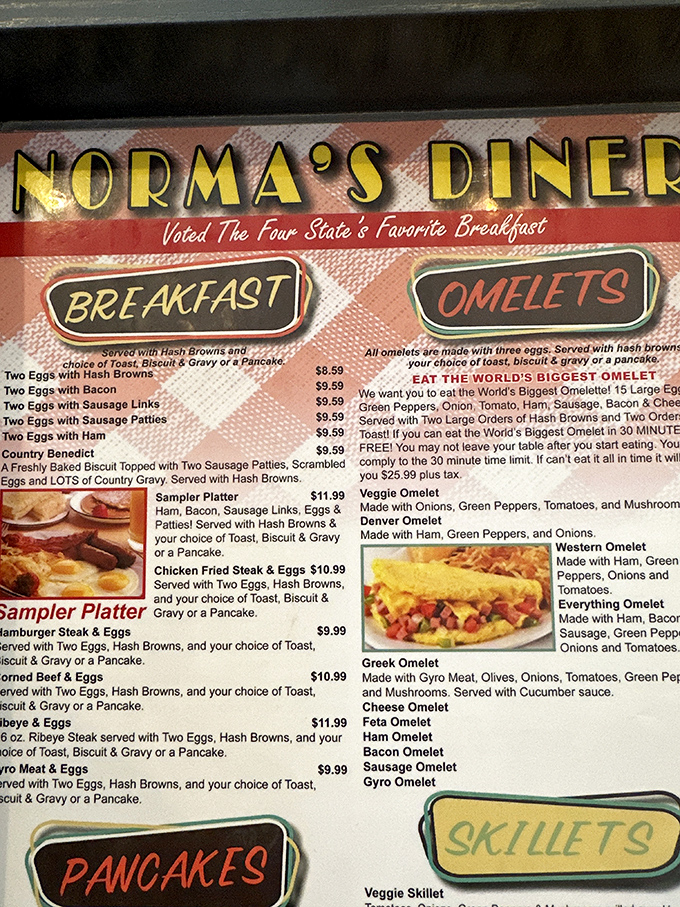 The menu reads like a love letter to breakfast enthusiasts, with the World's Biggest Omelet challenge daring even the heartiest appetites to conquer its eggy magnificence.