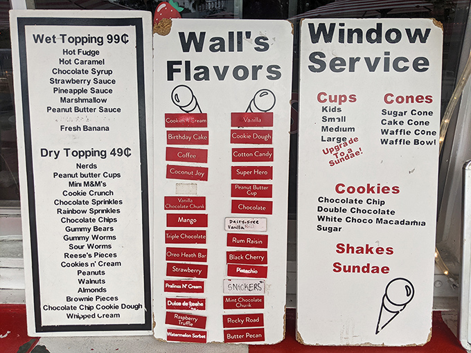 The menu board at Wall's is like reading a love letter to frozen dairy—every flavor a promise, every topping a possibility.