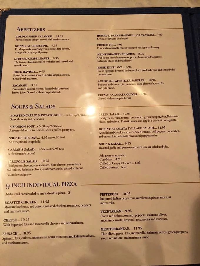 The menu reads like a love letter to Greek cuisine—from saganaki to spanakopita, each dish promises a Mediterranean vacation for your taste buds.