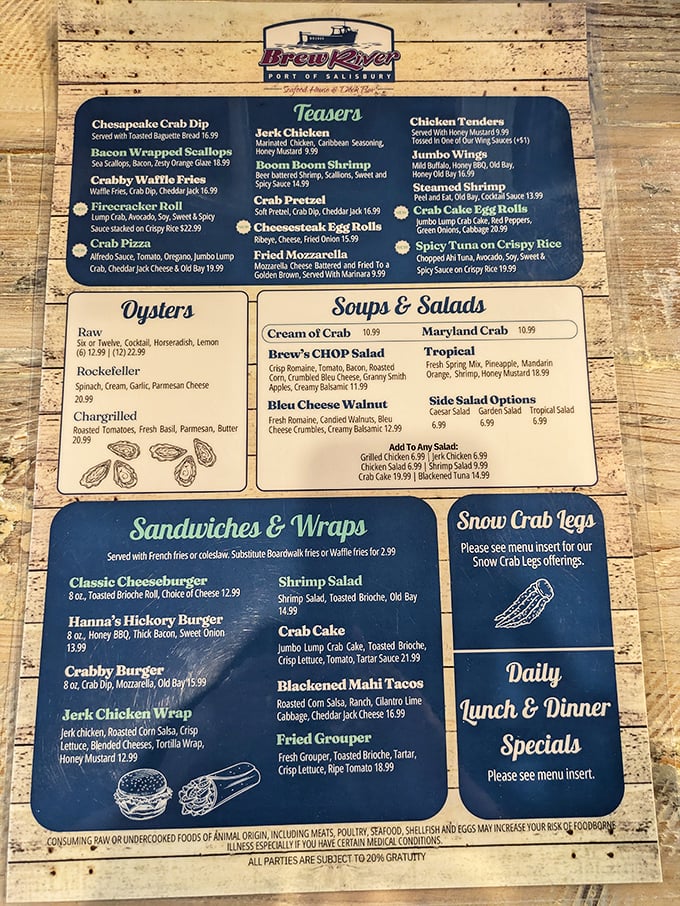 A menu that reads like a love letter to the Chesapeake Bay—where deciding between crab dip and bacon-wrapped scallops becomes life's most delicious dilemma.