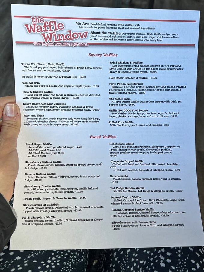 This menu isn't just a list—it's a roadmap to waffle nirvana with sweet and savory options that'll make your pancakes jealous.
