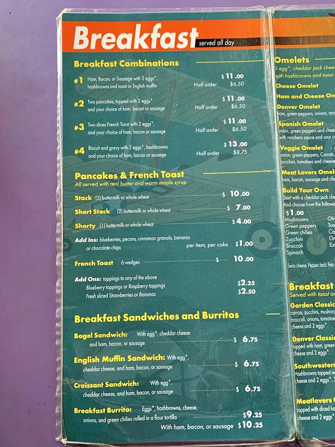 A menu that doesn't need fancy fonts to impress—just honest breakfast offerings that speak the universal language of comfort.