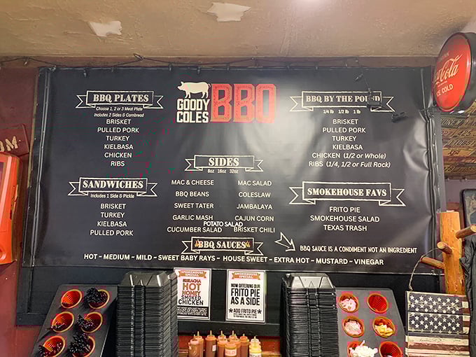 The menu board tells you everything you need to know: meat is the star, sides are the supporting cast, and sauce is merely a condiment.