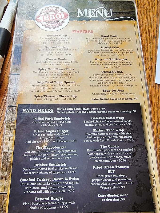 This menu isn't just a list—it's a roadmap to happiness. Each item represents a different path to smoked meat nirvana.