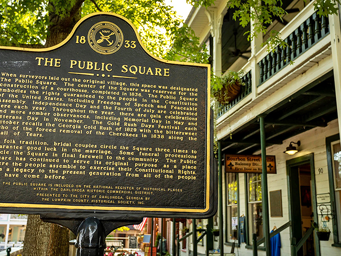 History stands proudly on display in Dahlonega's Public Square, where this marker reminds visitors they're walking on ground that sparked America's first gold rush.