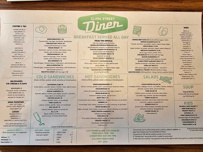 A menu that reads like a love letter to American classics—breakfast all day because some rules were made to be deliciously broken.