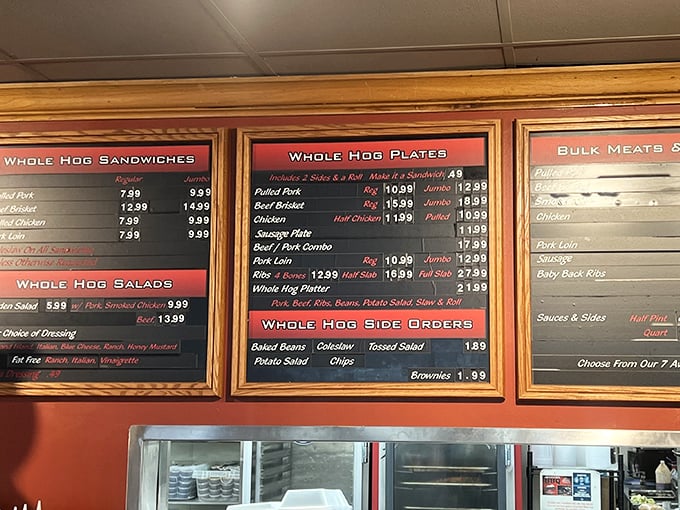 The menu board – a sacred text of smoked meat possibilities. Six sauce options prove they understand BBQ is both art and deeply personal preference.