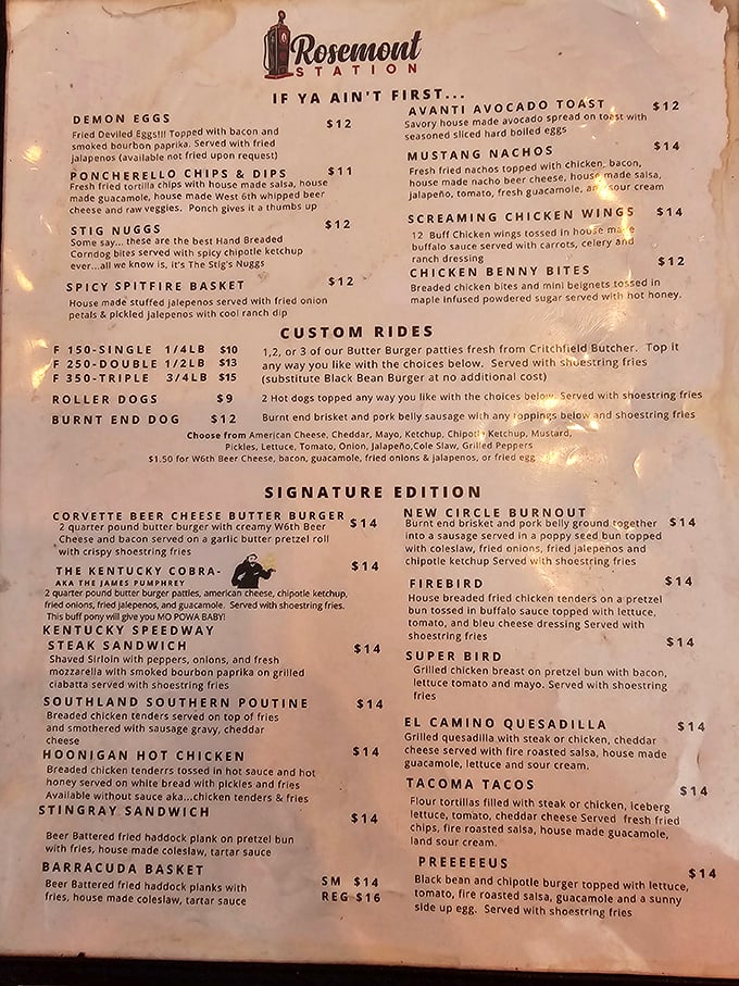 A menu that reads like a road trip across America's comfort food landscape. Each cleverly named dish promises a journey worth taking.