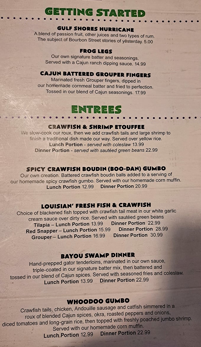 This menu reads like a love letter to Gulf Coast cuisine – each description promising the kind of flavors that make conversation pause mid-bite.